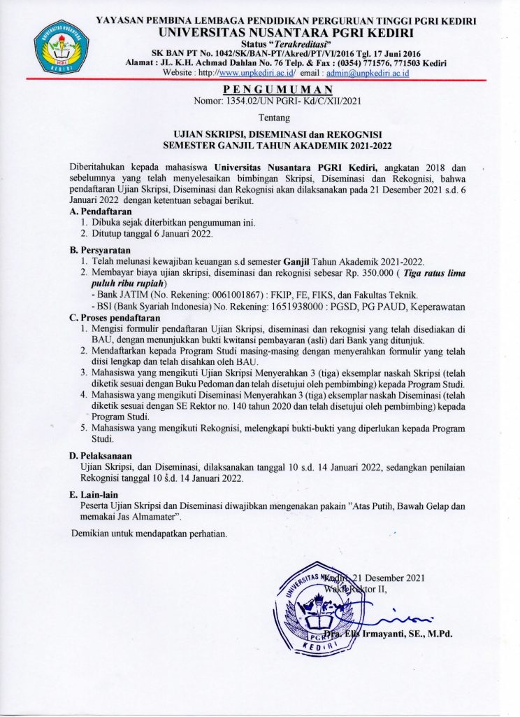 Info Pembayaran Ujian Skripsi, Diseminasi & Rekognisi Gasal 2021-2022 – Prodi BK