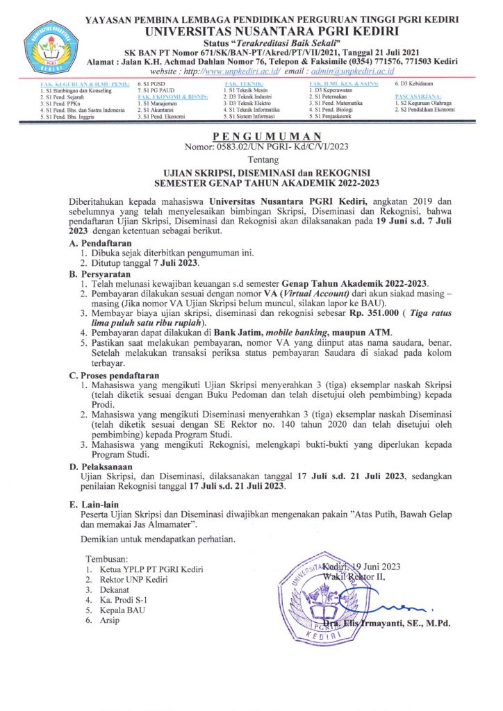 Info Pembayaran Ujian Skripsi, Diseminasi & Rekognisi Genap 2022-2023 – Prodi BK